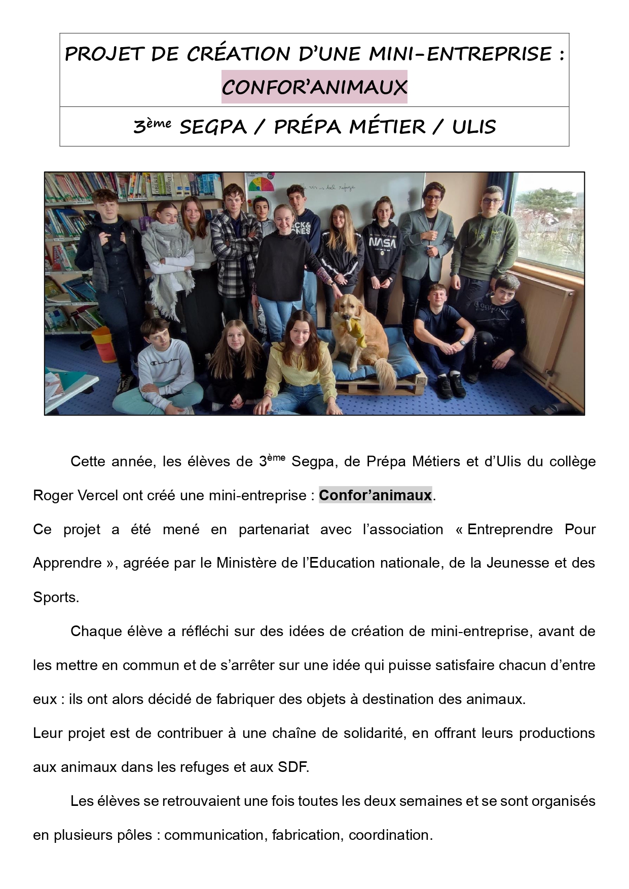 MINI ENTREPRISE - 2 MEDAILLES D’OR - Collège Roger Vercel, DINAN